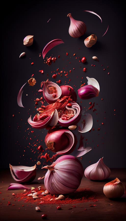 Group of Red Shallot Vegetable Creatively Falling-Dripping Flying or ...