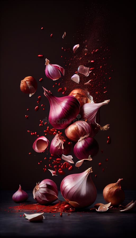 Group of Red Shallot Vegetable Creatively Falling-Dripping Flying or ...