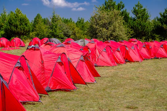 Group of Red Tents for Campers at Forest Stock Image - Image of travel ...