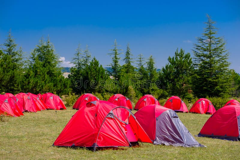 Group of Red Tents for Campers at Forest Stock Image - Image of hiking ...