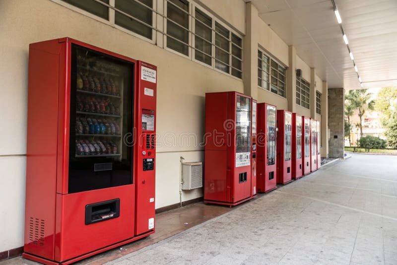 Group of Red Vending Machines by the Wall Stock Illustration ...