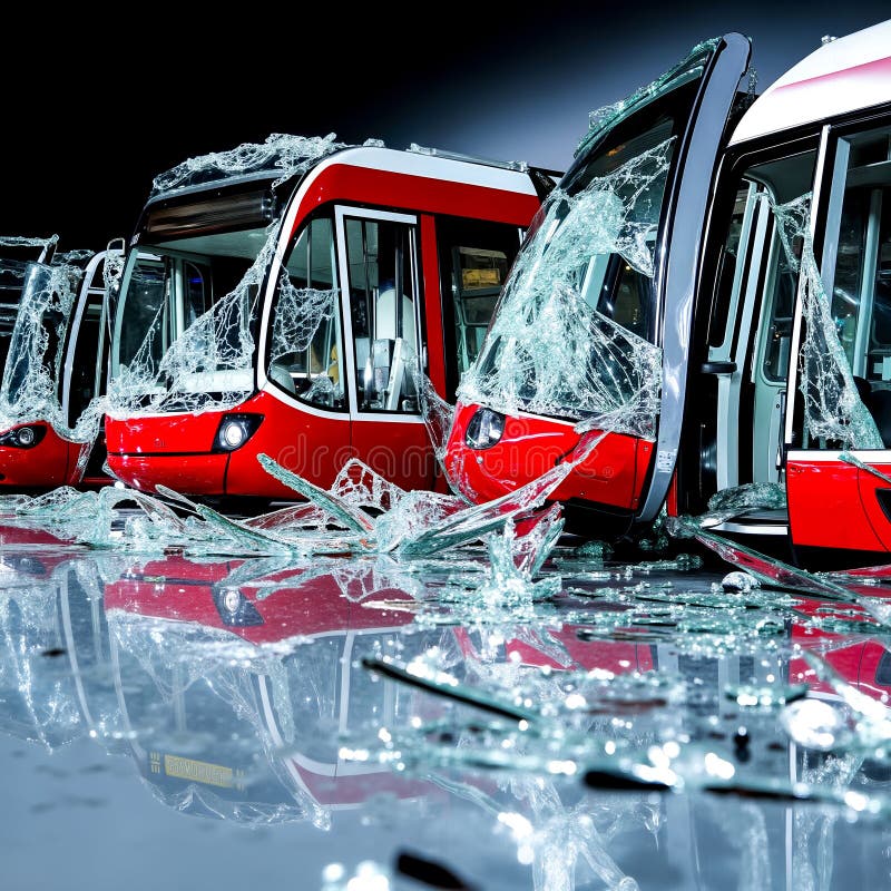A Group of Red and White Buses that Have Been Smashed into Pieces of ...