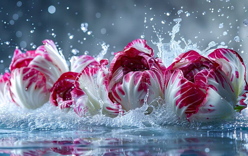 A Group of Red and White Flowers are Splashed in Water Stock Photo ...