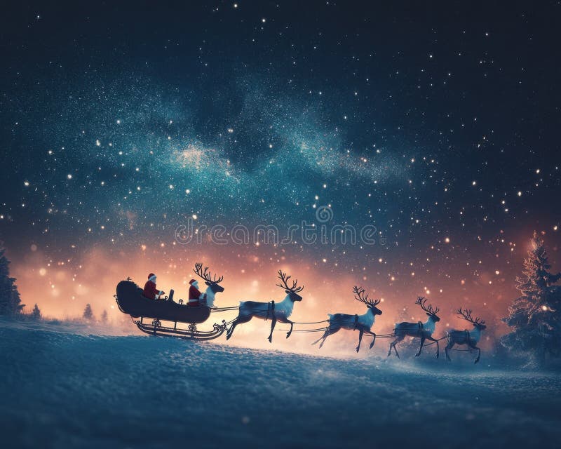 A Group of Reindeer Pull Santa S Sleigh through the Night Sky Stock ...