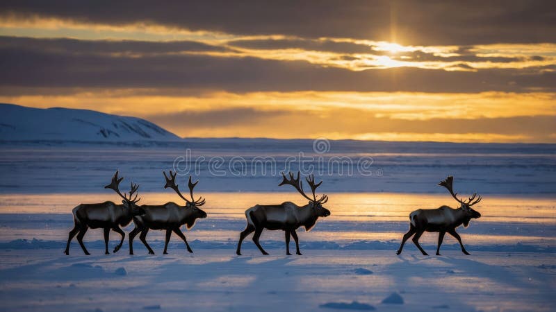 A Group of Reindeer Walking Across a Snowy Landscape at Sunset Stock ...