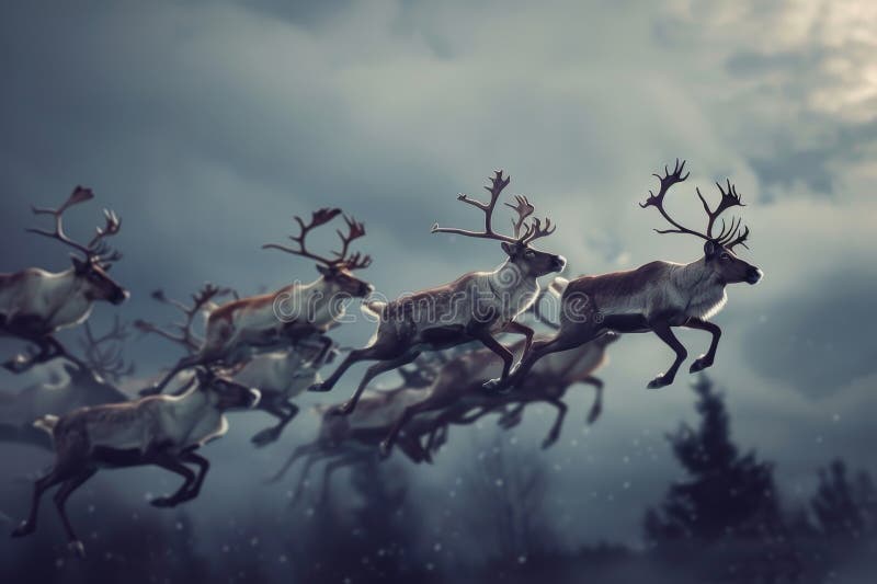 A Group of Reindeers Soaring through a Cloudy Sky, Magical Scene of ...