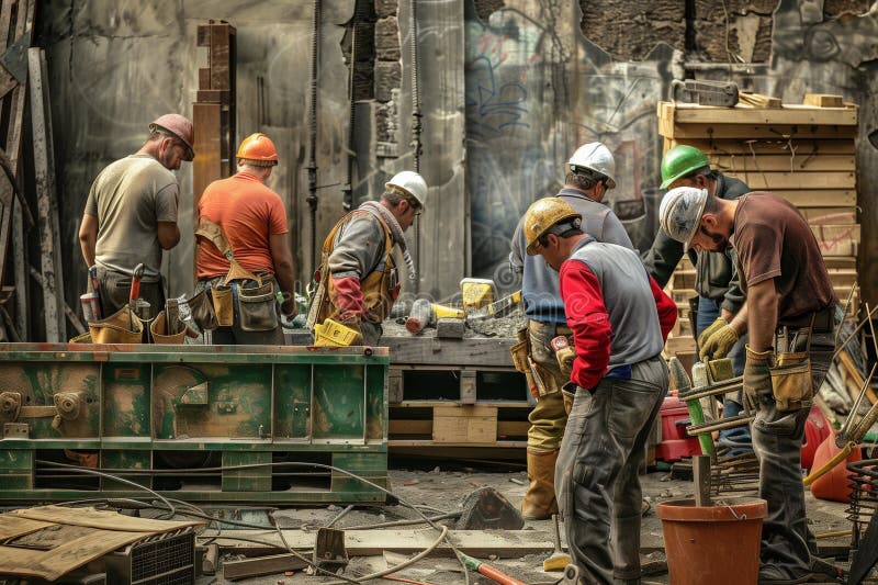 A Group of Repair Workers Gathers at the Construction Site, Using ...