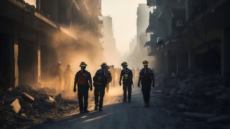 Rescue Workers Walking through a Destroyed City after a Disaster Stock ...