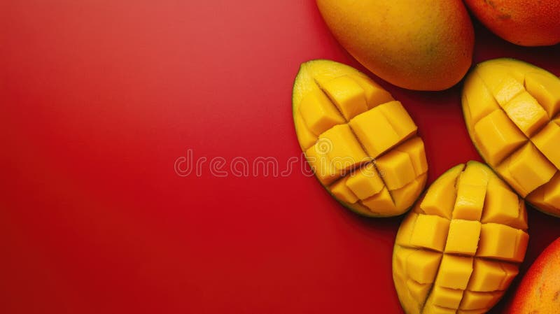 A Group of Ripe Mangoes Arranged on a Vibrant Red Surface Stock ...