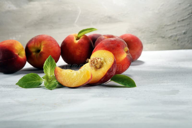 A Group of Ripe Peaches on Table Stock Photo - Image of concept, table ...