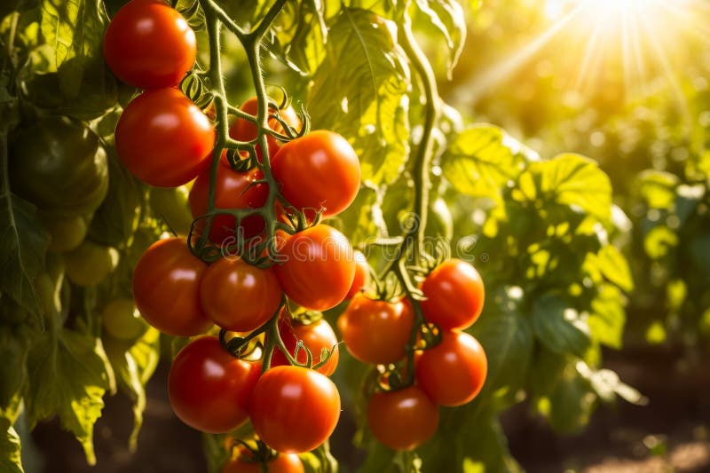 Group of Ripe Tomatoes Hanging from Plant in the Sunshine. Generative ...