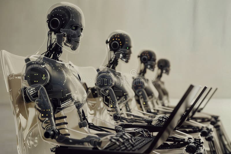 Robotic Figures Aligned at Computer Workstations in Futuristic Digital ...