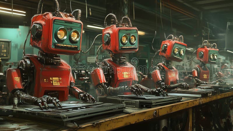 Robotic Assembly Line Workers Diligently Engaged in Manufacturing Tasks ...