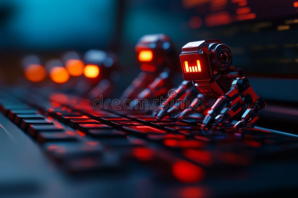 A Group of Robotic Workers Operate a Computer Keyboard Symbolizing the ...