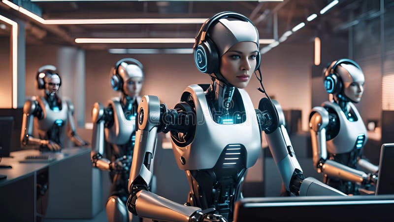 A Bunch of Robots Gathered Around a Computer Screen Stock Illustration ...