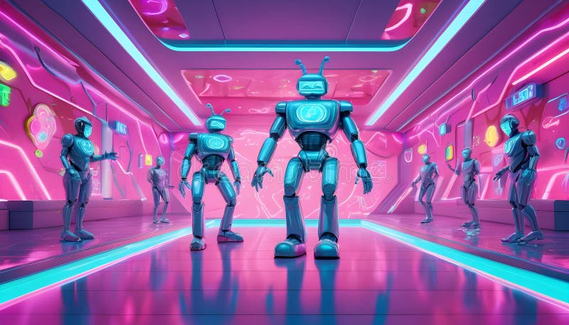 A Group of Robots in a Futuristic Setting with Neon Lights in ...