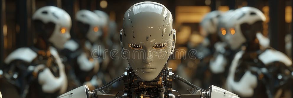 Group of Robots with Glowing Eyes Facing Forward Stock Illustration ...