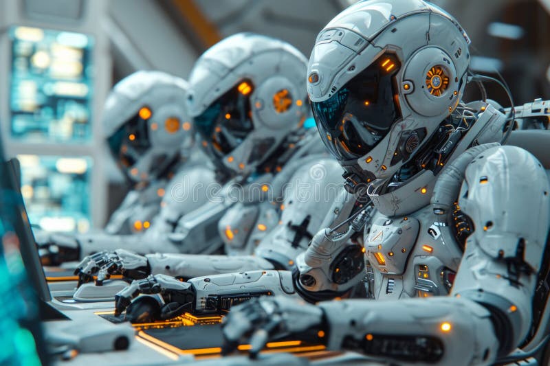 Group of Robots at Laptop Computer. Stock Image - Image of mechanical ...