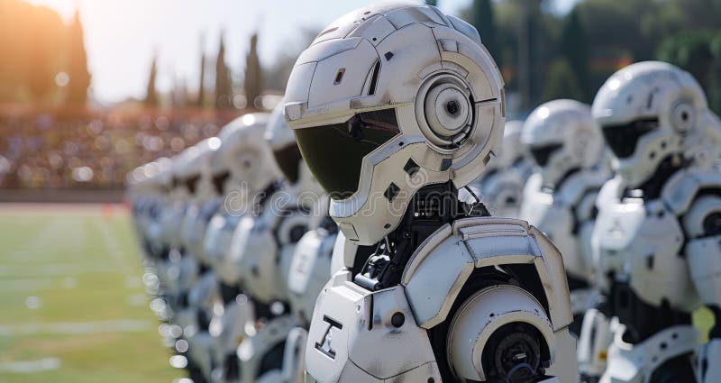 Group of Robots Lined Up on Field Stock Photo - Image of standing, team ...