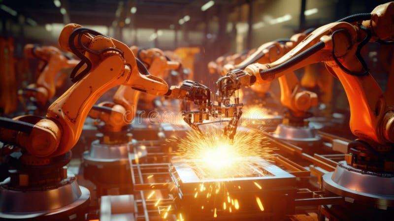 Group of Robots Performing Tasks on Metal, Suitable for Technology and ...