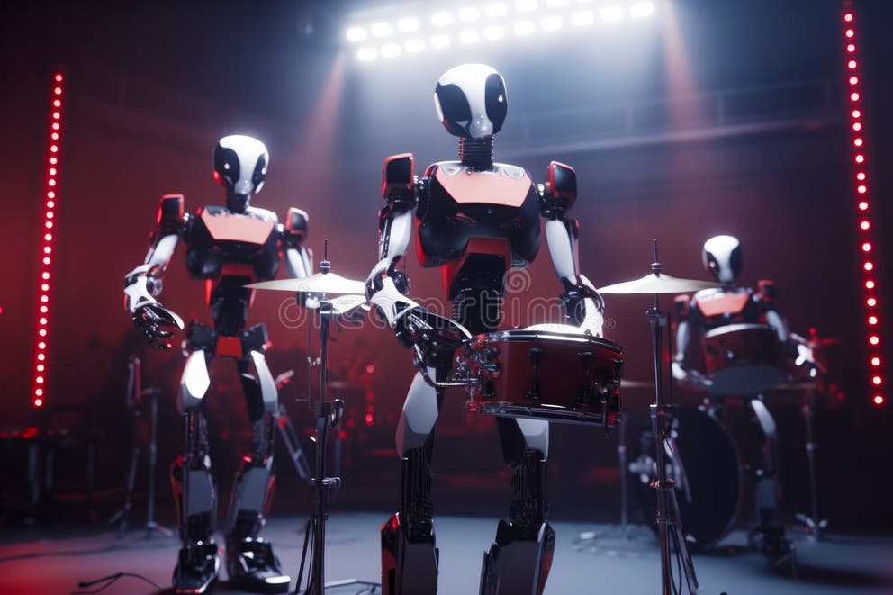 Group of Robots Playing Drums in Front of Crowd of Drummers. Generative ...