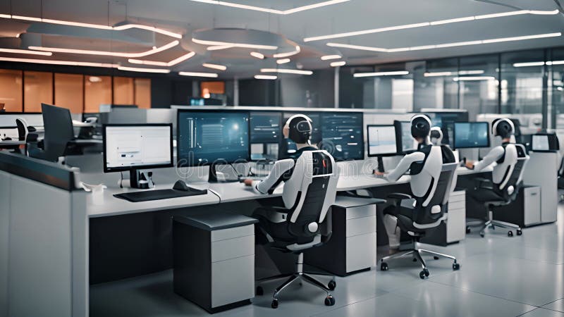 Robots Sit at Desks in an Office, Working on Computers Stock Footage ...