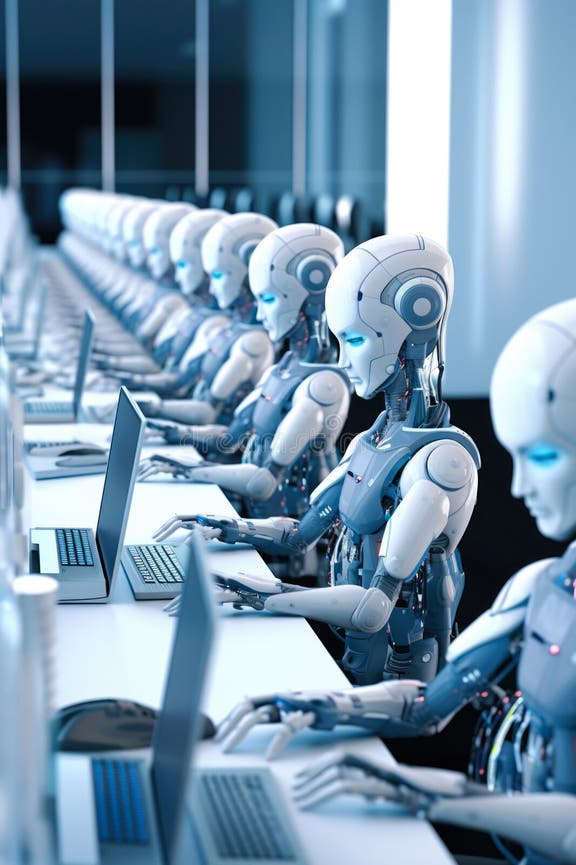 A Group of Robots Sitting in Front of Laptops, Ready To Work. this ...