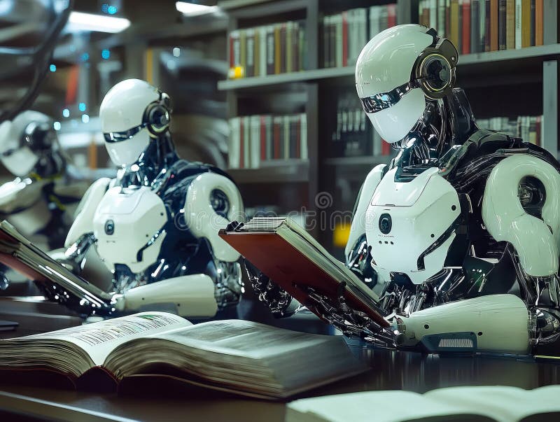 A Group of Robots Sitting at a Table Reading a Book Stock Photo - Image ...