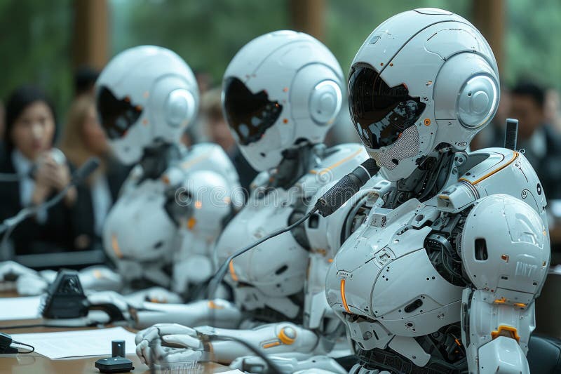 Group of Robots Sitting Together in a Row. Stock Image - Image of ...