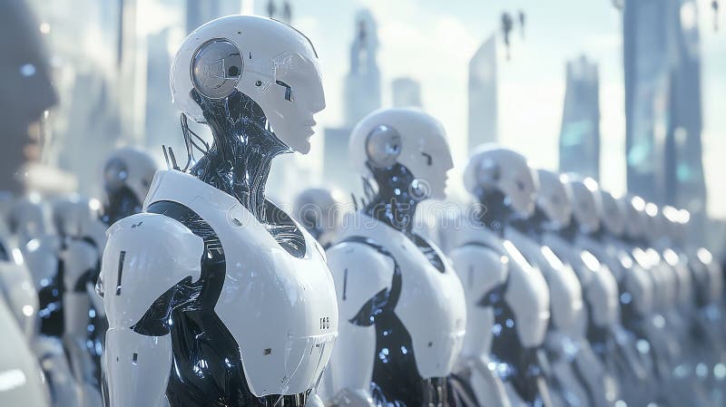 A Group of Robots Stand in a Line, All Wearing White and Black. the ...