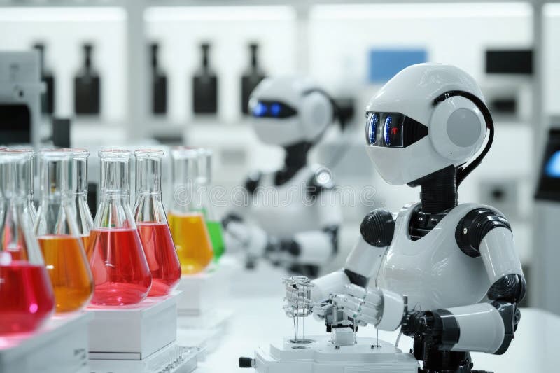 Group of Robots Standing in a Laboratory Setting Stock Image - Image of ...