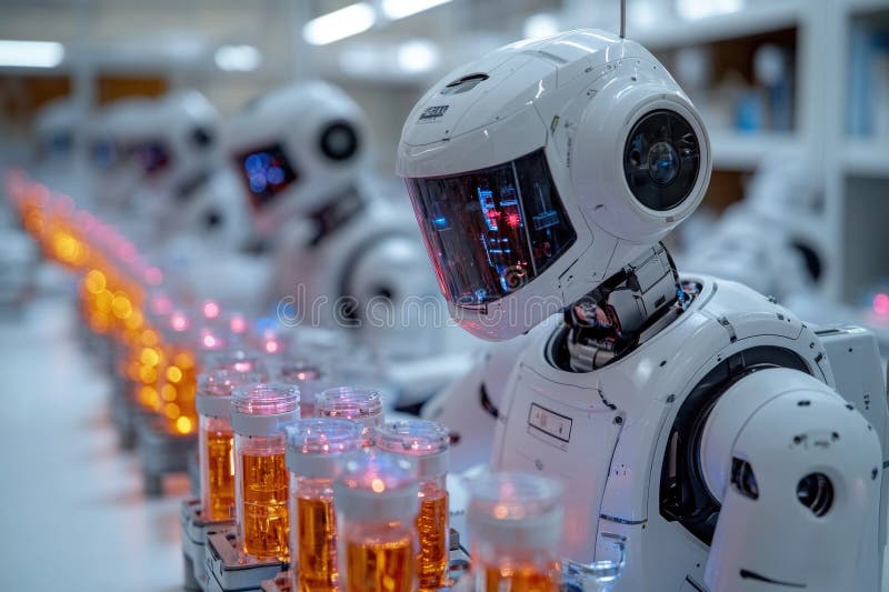 Group of Robots Standing in a Row Stock Photo - Image of assembly ...
