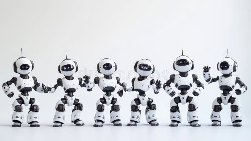 Group of Robots Standing Side by Side, Metallic Bodies and Mechanical ...