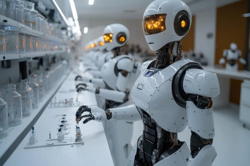 A Group of Robots Standing Together in a Room, Ready for Action Stock ...