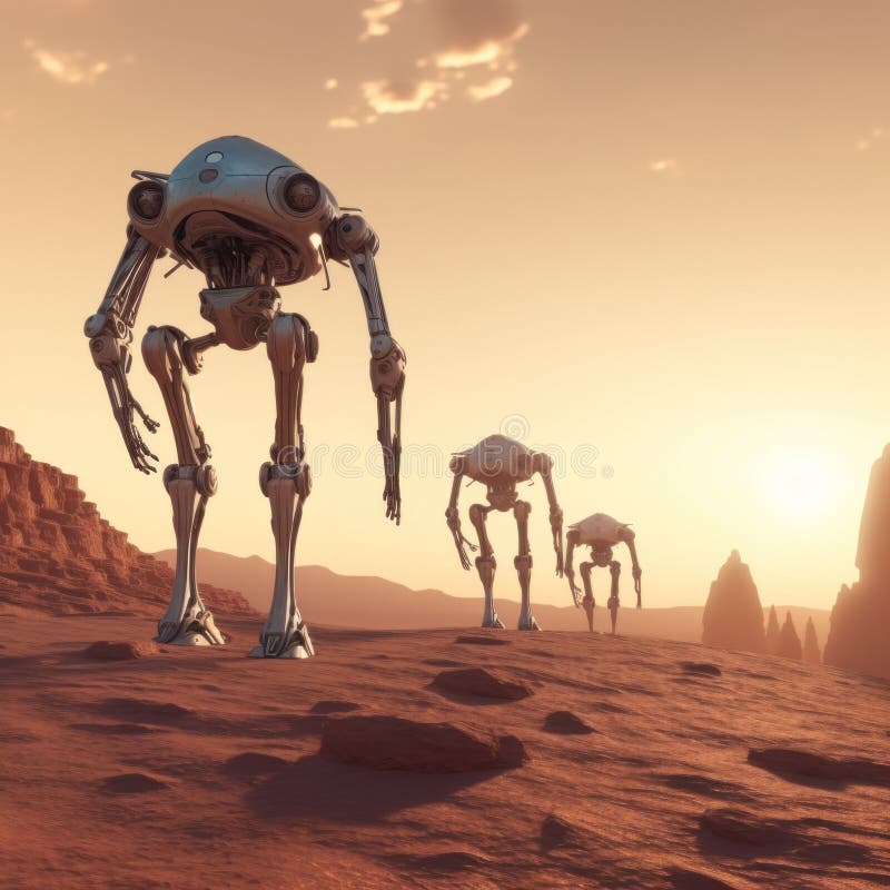 A Group of Robots Walking Across a Desert. Generative AI Image. Stock ...