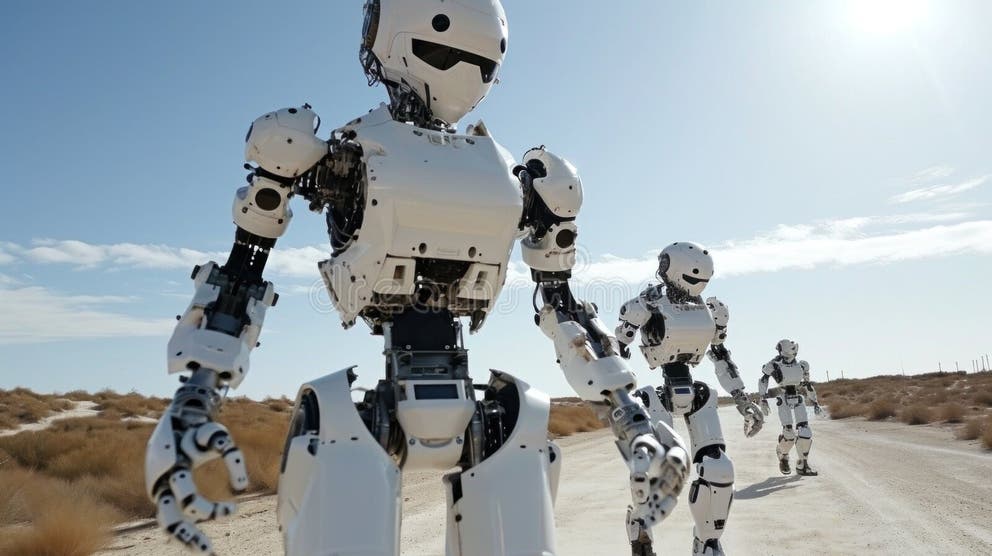 A Group of Robots Walking Down a Dirt Road, AI Stock Image - Image of ...