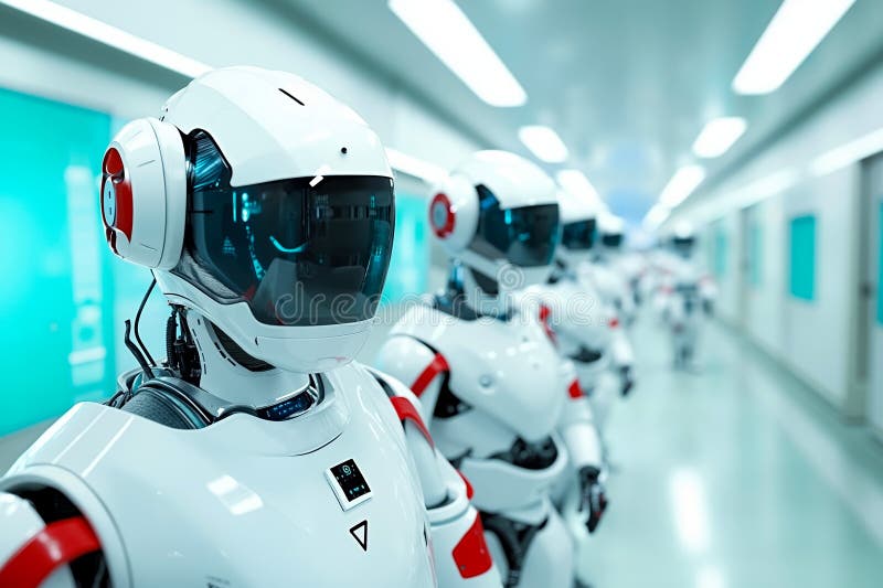 Robots Walking in Futuristic Hallway Stock Photo - Image of future ...