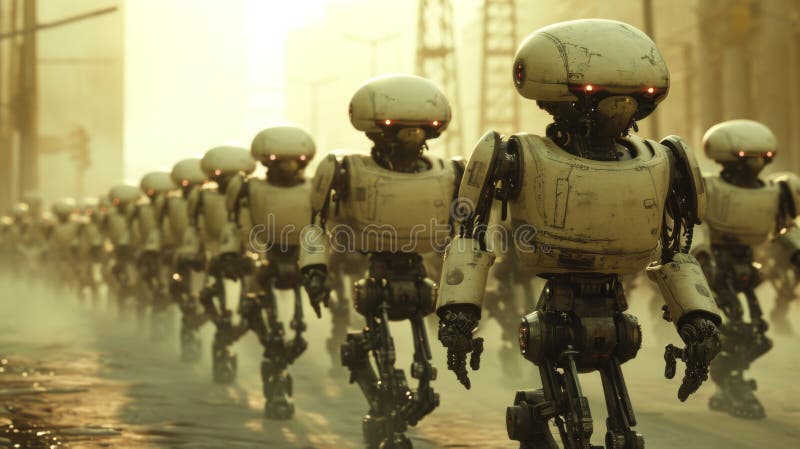 A Group of Robots Walking Down a Street with Red Eyes, AI Stock Image ...