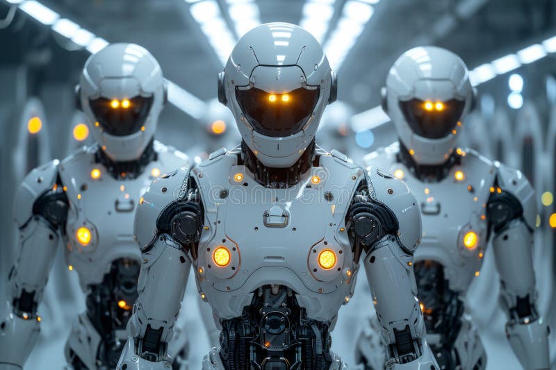 Group of Robots Walking through Tunnel Stock Photo - Image of movement ...