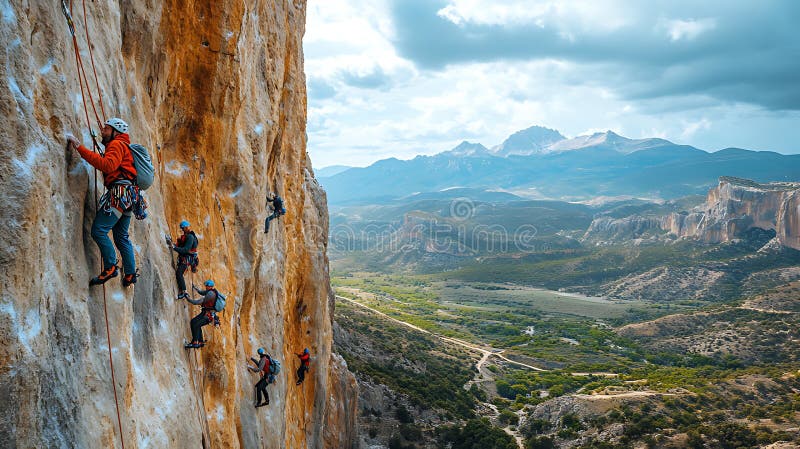 A Group of Rock Climbers Ascend a Steep Cliff Face, with a Breathtaking ...
