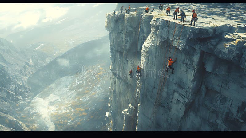 A Group of Rock Climbers Scale a Steep Cliff Face, with a View of a ...