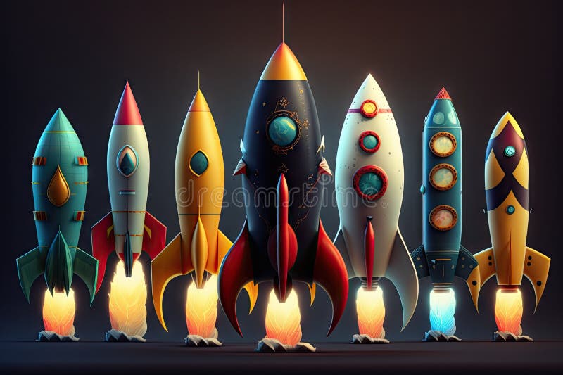 Group of Rockets with Different Designs and Colors, Ready To Take Off ...