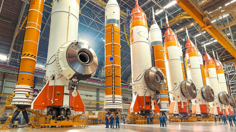 A Group of Rockets Sitting Inside of a Large Hangar Stock Image - Image ...