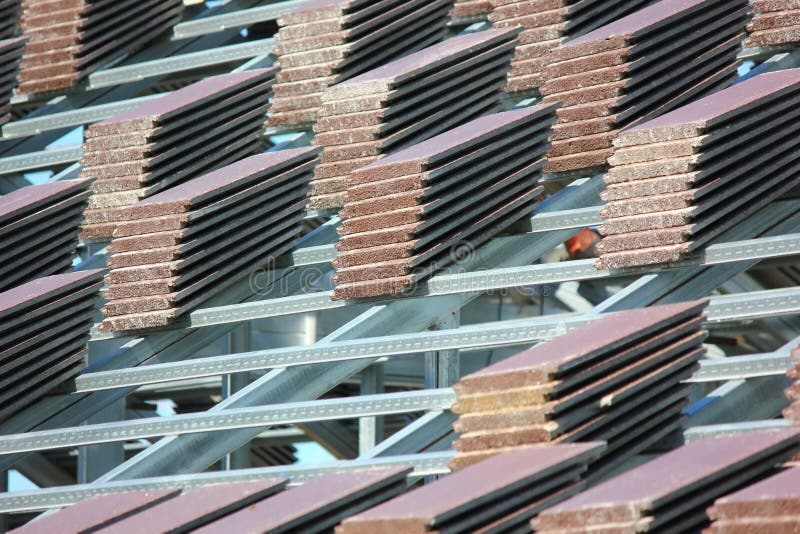 Group of Roof Tile Prepare on Roof Steel Structure for Worker Stock ...