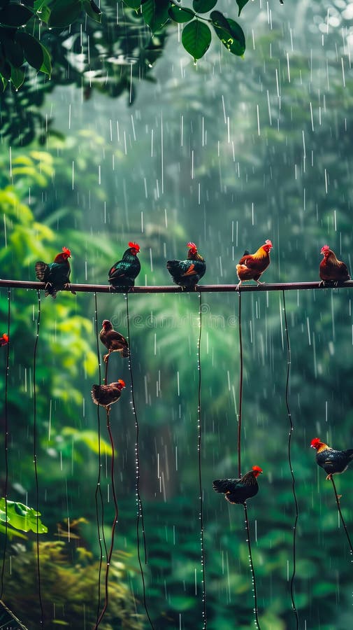 A Group of Roosters Sitting on a Wire in the Rain Stock Photo - Image ...