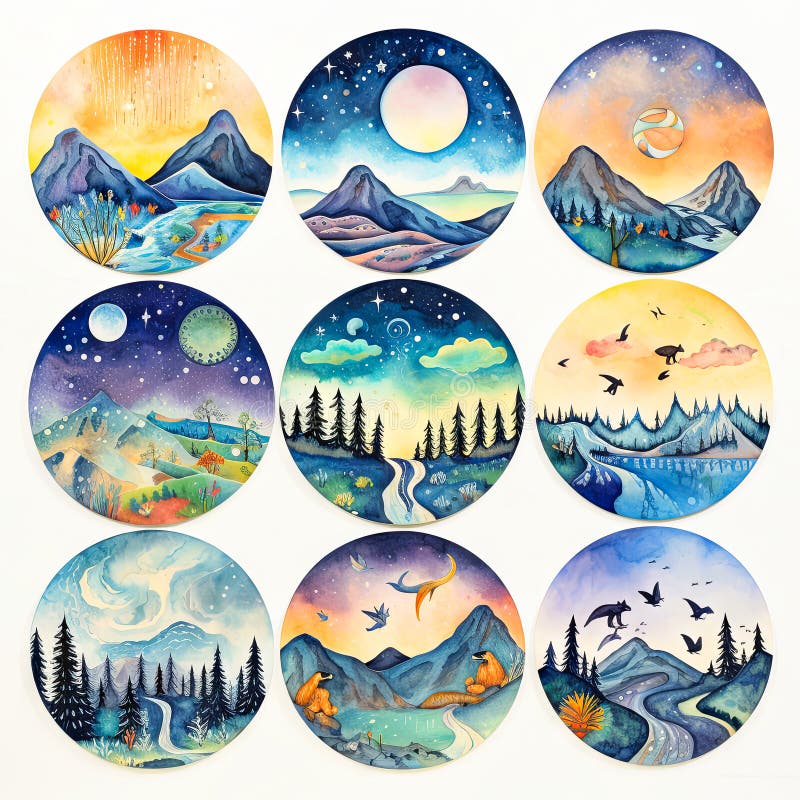 Group of Round Drawn Circles with Nature and Animals Stock Photo ...