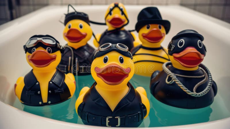 A Group of Rubber Ducks in a Bathtub with Goggles and Helmets, AI Stock ...