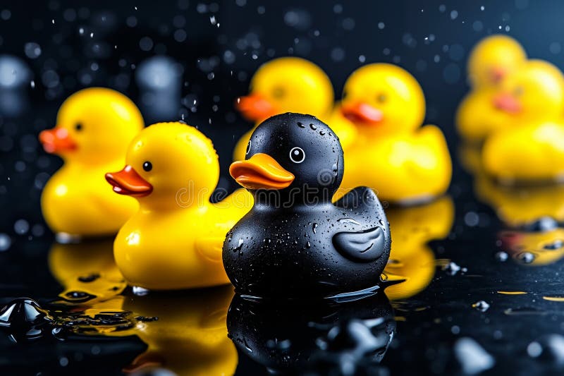A Group of Rubber Ducks in a Row on a Black Surface Stock Illustration ...