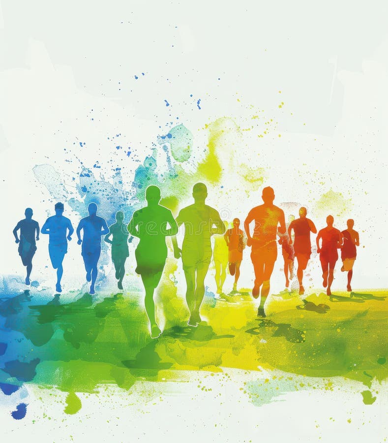 Group of Runners in Motion, Depicted with Colorful Silhouettes Against ... Group of Runners in Motion, Depicted with Colorful Silhouettes Against ...