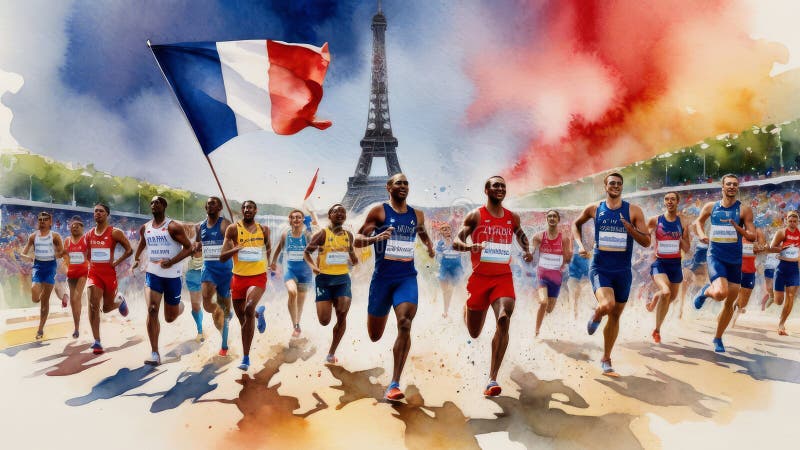 A Group of Runners are Running in a Race with a Flag in the Background ...